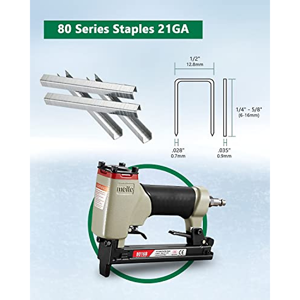 meite 8016B Upholstery Stapler-21 Gauge 1/2-Inch Crown 1/4-Inch to 5/8-Inch Pneumatic Fine Wire Stapler