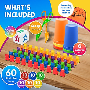 Skoolzy Rainbow Stacking Bears with Matching Sorting Cups 69 Piece Set, 60 Bear counters, Scissor Tongs, Rainbow Cups, Storage Bag, Sorting dice Game