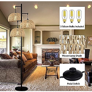 QIYIZM Floor Lamp for Living Room,Bedroom,3-Lights Boho Rattan Floor Lamps,Tree Farmhouse Industrial Black Standing Lamp Wicker Rustic Adjustable Tall Lamp,Woven Bamboo LampShade Floor Light Bohemian