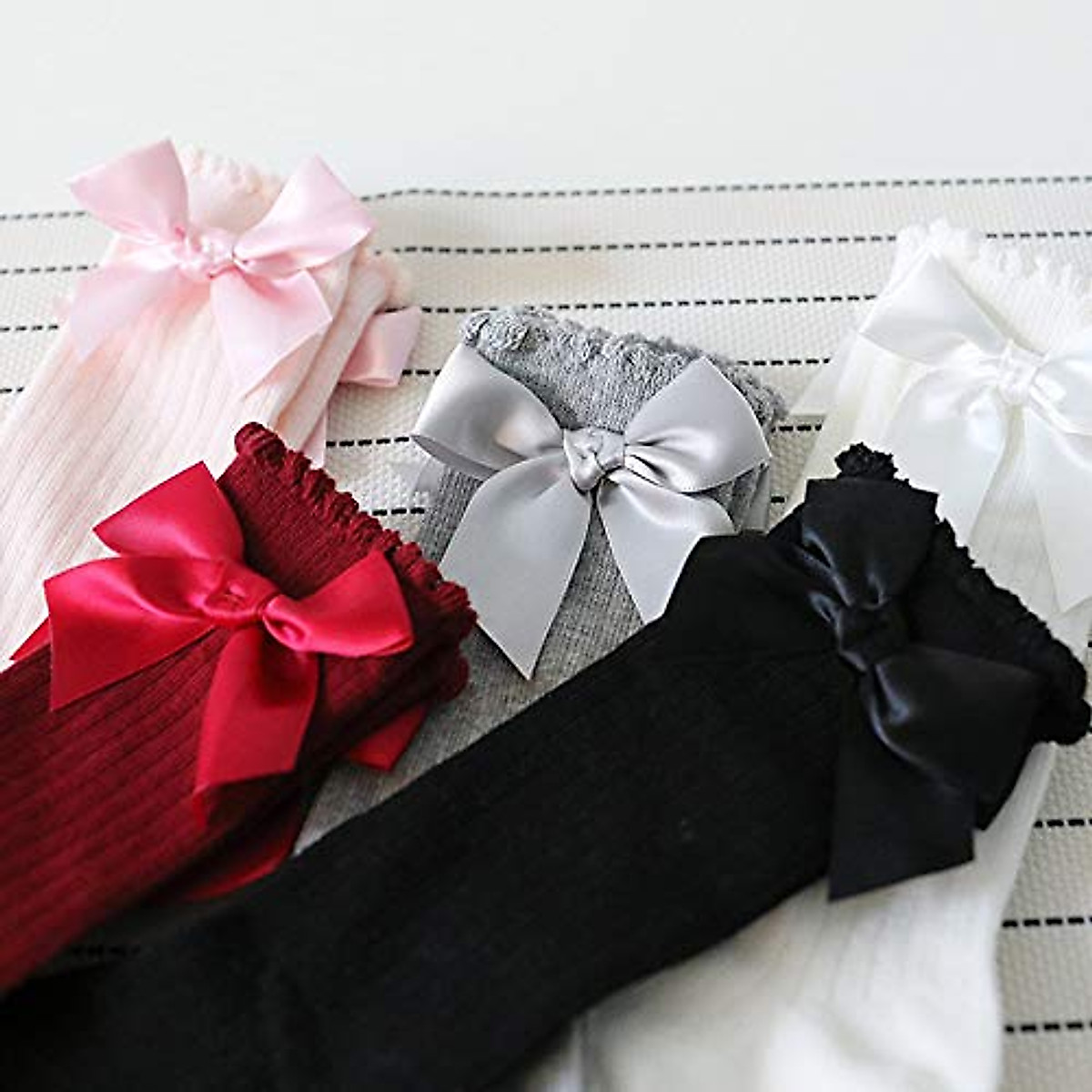 BSMTEBN 5Pairs Baby Kids Cotton Soft Breathable Knee-High Over Calf Socks Girls Striped Bowknot Bow Cute School Socks Infant Newborn Leg Warmers Stockings (M(2-4 Years))