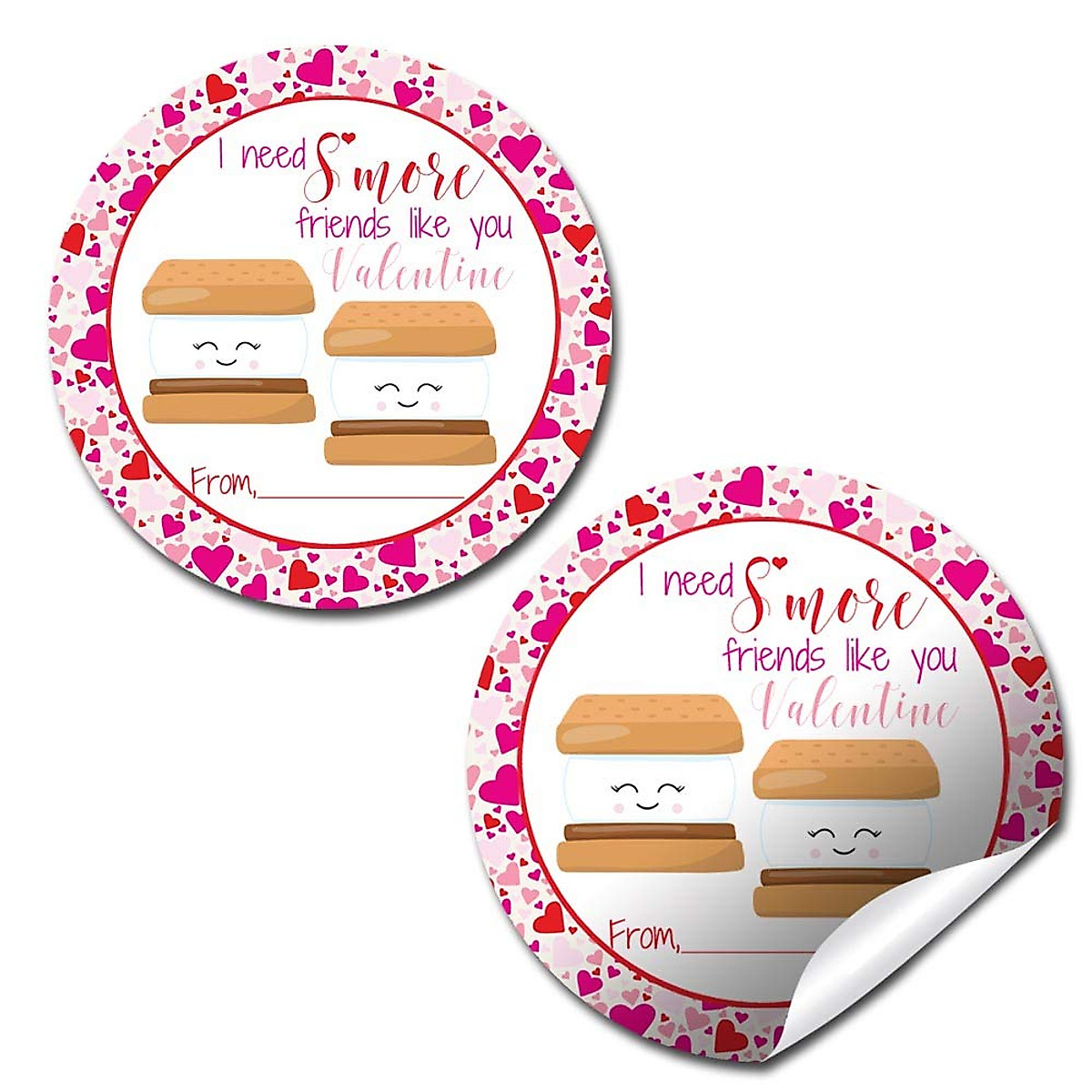 S’More Friends Like You Valentine Party Favor Sticker Labels, 40 2" Party Circle Stickers by AmandaCreation, Great for Classroom Valentines, Envelope Seals, Gifts & Treats