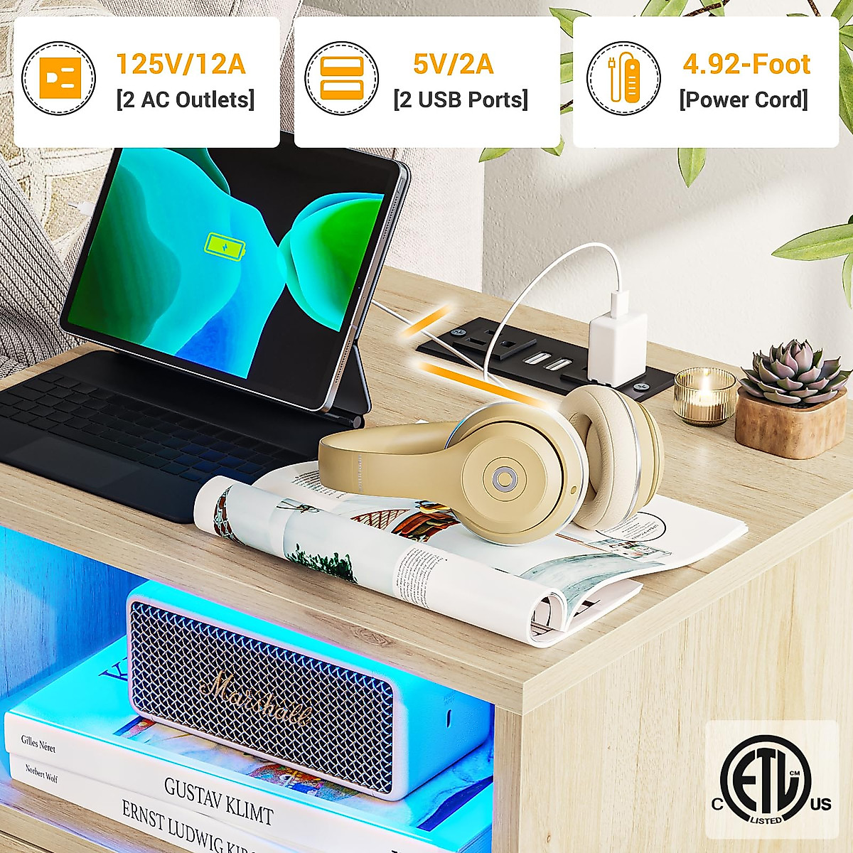 VIAGDO Rattan Nightstand with Charging Station, Led Night Stand with 2 Rattan Drawers, Bedside Tables with Solid Wood Feet, End Side Table with Open Storage Shelf for Bedroom