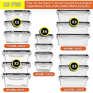 Food Storage Containers Lids set [32 Pack - 16 Container + 16 Lids], RKINC BPA-Free Plastic Airtight, Leak Proof Meal Prep Container for Pantry Organization, Dishwasher, Microwave and Freezer Safe (16
