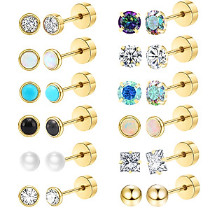 CASDAN 12 Pairs Surgical Steel Flatback Stud Earrings for Women Men CZ Opal Pearl Screw Back Earrings Cartilage Earrings Sleep Hypoallergenic Earrings for Sensitive Ears