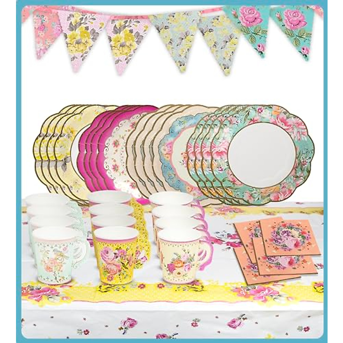 Floral Afternoon Tea Party Decorations for 16 Guests Disposable Tableware Set Pretty Paper Plates Napkins, Teacups, Bunting Tablecloth for Birthday, Mother's Day, Baby Shower, Made by Talking Tables