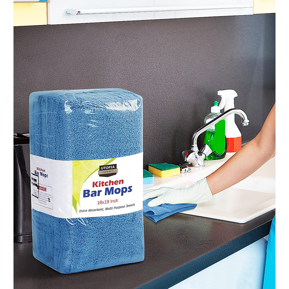 Utopia Towels Bundle of 24 Kitchen Bar Mops - 16"x19" Functional & Multipurpose (Grey & Electric Blue)
