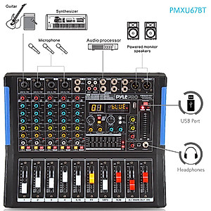Pyle 6-Channel Bluetooth Studio Audio Mixer - DJ Sound Controller Interface with USB Drive for PC Recording Input, XLR Microphone Jack, 48V Power, I/O for Professional and Beginners - PMXU67BT