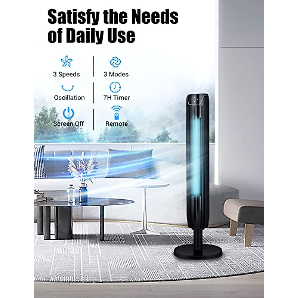 KopBeau Tower Fan for Bedroom, 42 Inch Oscillating Cooling Fans with Remote, Quiet Bladeless Floor Powerful Fan, 3 Modes, Buit-in 7Hrs Timer and LED Display, Standing Fans for Home Office, Black