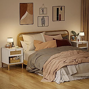 Ecoprsio Nightstands Set of 2 for Bedroom, Boho Bed Side Table with Storage Drawer, Mid-Century Modern Night Stand with Wood Finish and Rattan Drawer, End Table, Sofa Couch Side Table - White