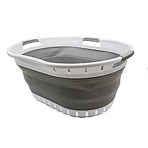 SAMMART 44L Collapsible Plastic Laundry Basket - Foldable Pop Up Storage Container/Organizer - Space Saving Hamper/Basket (1, White/Grey)