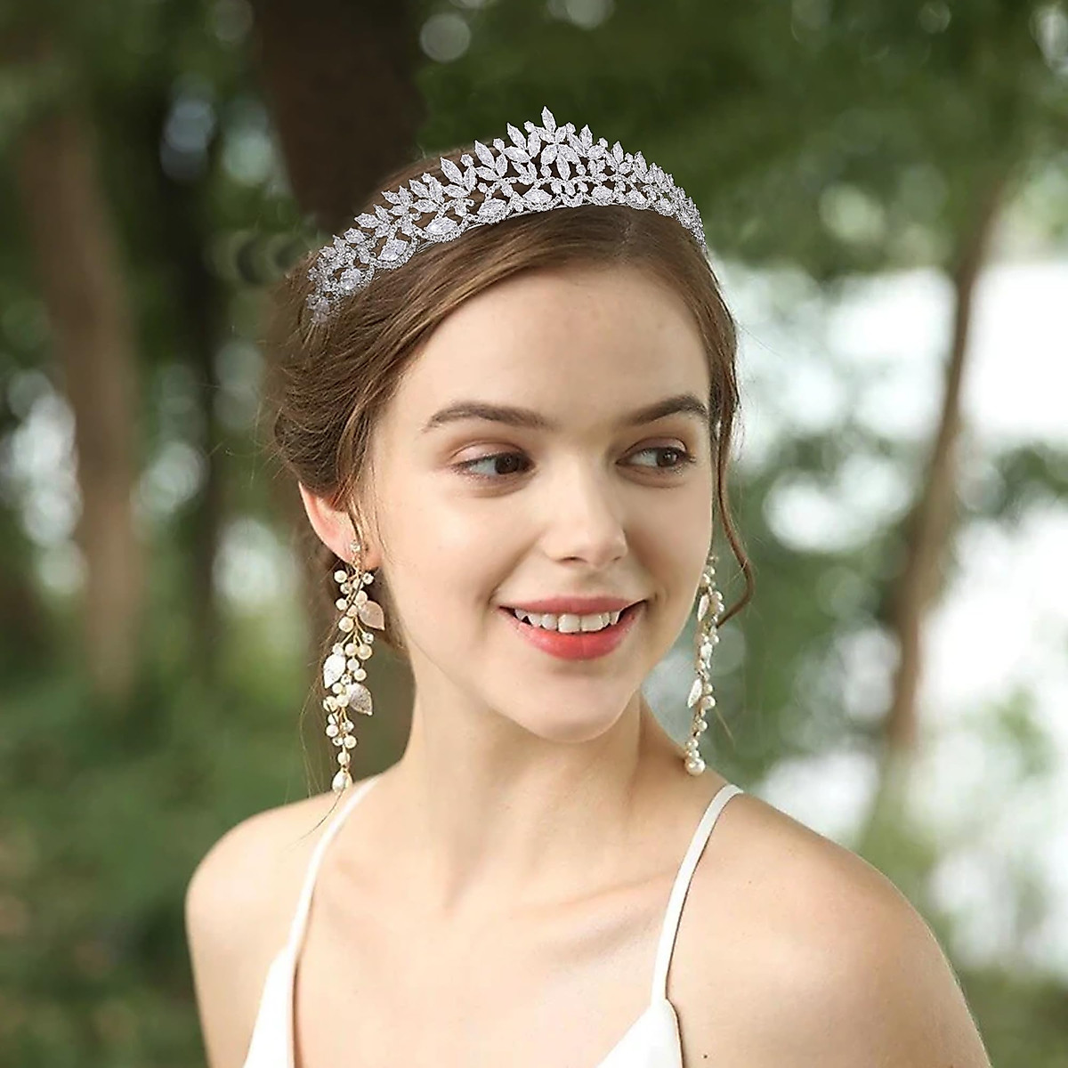 Aoligrace Silver Cubic Zirconia Small Wedding Crowns for Bride CZ Birthday Party Floral Tiaras Sweet 16 Prom Hair Accessories