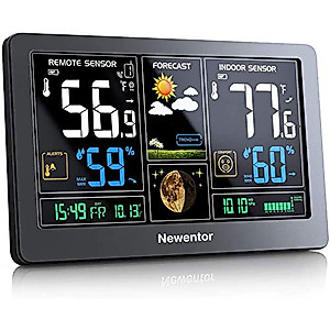 Newentor Weather Station Wireless Indoor Outdoor Thermometer, Color Display Digital Weather Thermometer with Atomic Clock, Forecast Station with Calendar and Adjustable Backlight