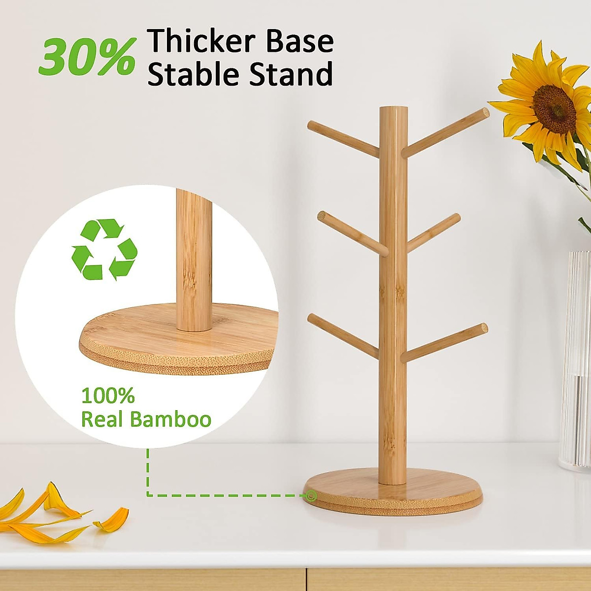 Wisuce Coffee Mug Tree Bamboo Mug Holder Coffee Cup Stand Mug Holders for Countertop Coffee Mug Rack Organizer Stand with 6 Hooks