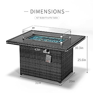 High-Craft 43'' Rectangular Patio Propane Fire Pit Table Gray PE Wicker 55,000 BTU H-Burner Dural Heating Outdoor Firepits 8mm Glass Top & Aluminum Frame Anti-Rust with Cover & Windguard