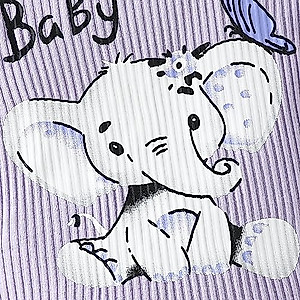 Infant Baby Girl Fall Winter Outfit Long Sleeve Cute Elephant Romper Tops Butterfly Floral Long Pants Headband Set (Purple,0-3 Months)