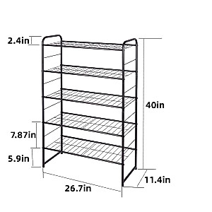 REGILLER 5-Tier Stackable Shoe Rack, Expandable & Adjustable Shoe Organizer Storage Shelf, High Capacity, Wire Grid, Black