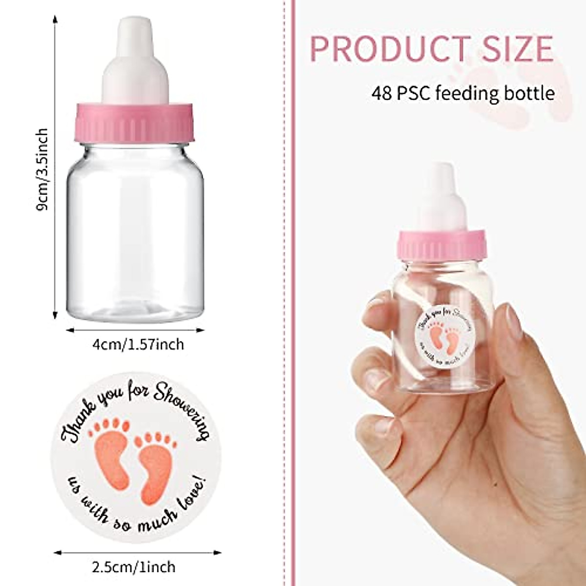 48 Pieces 1.5 x 3.5 Inch Baby Shower Mini Milk Bottle with 500 Adhesive Thank You for Showering Stickers, Small Pink Baby Shower Bottle Plastic Fillable Gift Boxes DIY Baby Shower Party Favor