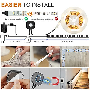 Motion Sensor LED Light Strip, 9.8ft LED Strip Lights with Constant Lighting and Motion Sensing 2 Lighting Modes for Under Cabinets, Closets, Safe Stairs - 3000K Warm White