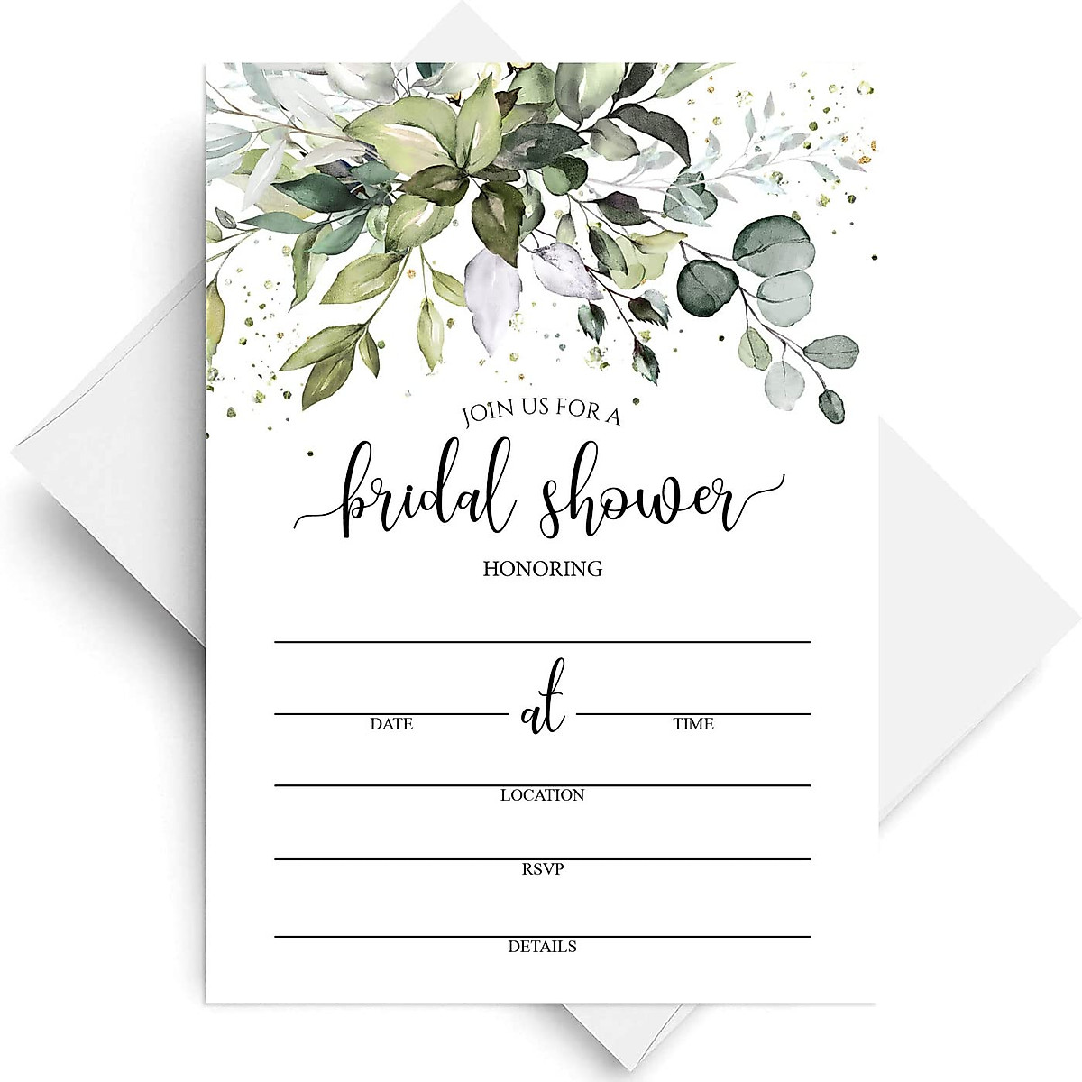 All Ewired Up 50 Greenery Eucalyptus Bridal Shower Invitations and 50 Envelopes, Boxed Set, Sage (Large Size 5x7) - (100 pieces)
