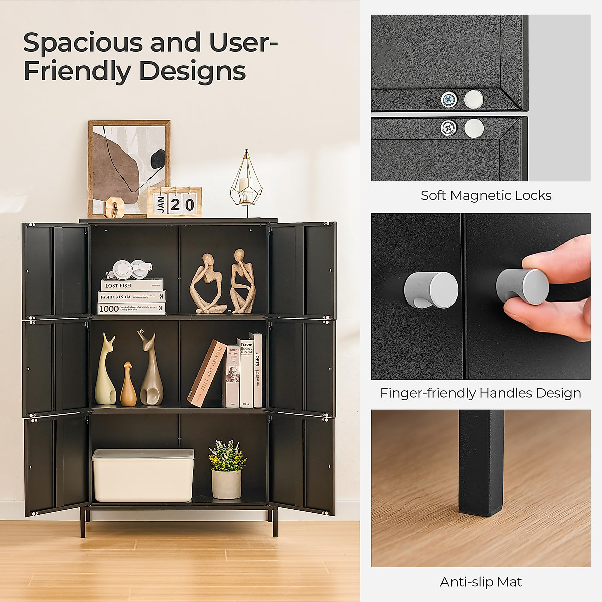 HAND IN HAND Buffet Sideboard Cabine, 3-Tier Multipurpose Storage Cabinet, Metal Cabinet with 6 Doors, 14.2 x 27.6 x 44.2 Inches, Suit for Kitchen, Livingroom, Bedroom, Salon, Black