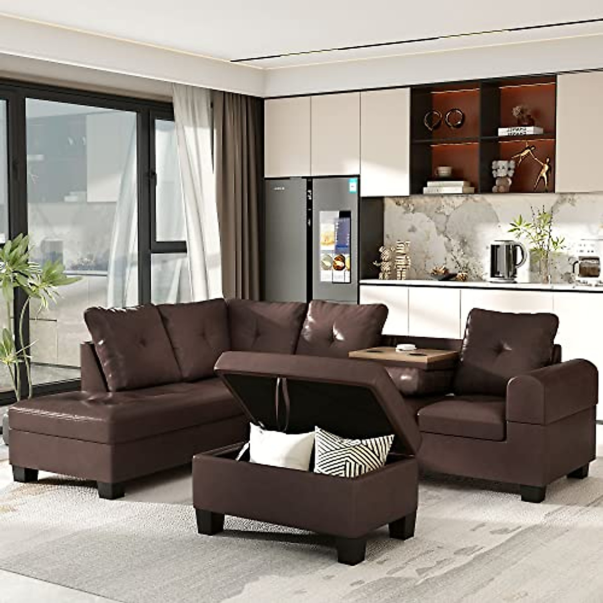 AWQM Upholstered Sectional Sofa w/Chaise Lounge, Modern L Shaped Sofa Couch with Storage Ottoman Bench, PU Leather Sectional Couches with Cup Holder for Living Room Small Space