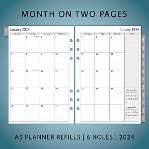 2024 Planner Refills - Weekly and Monthly Appointment Book Inserts, Tabbed, 6 Holes, A5 Size