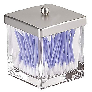 mDesign Modern Glass Square Bathroom Vanity Countertop Storage Organizer Canister Jar for Cotton Swabs, Rounds, Balls, Makeup Sponges, Bath Salts - 2 Pack - Clear/Brushed