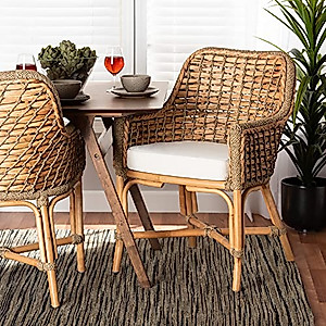 Baxton Studio Kyle Modern Bohemian Natural Brown Woven Rattan Dining Arm Chair with Cushion