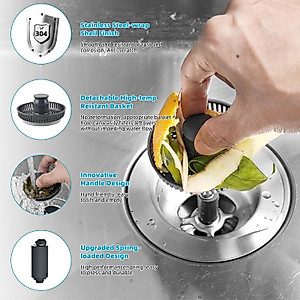 Hibbent 3 in 1 Kitchen Sink Drain Strainer, Stainless Steel Wrapped Shell Drain Stopper Combo, Pop Up Sink Stopper, Anti-Clogging Basket Strainer with Handle for US Standard 3-1/2" Drain