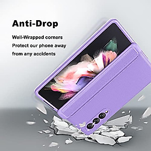 Fold 3 Case with Hinge Protection & Screen Protector, Triangular Anti-Skid Texture Design, Slim Fit Lightweight Protective Cover Supports Wireless Charging for Samsung Galaxy Z Fold 3 5G (Purple)