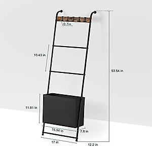 Metal Blanket Ladder Towel Rack Bathroom Towel Holder Wall Leaning Blanket Ladder with Storage Bin Decorative Ladder Rack for Pool Drying Bar for Towels Quilt Storage Organizer with Hooks, Black