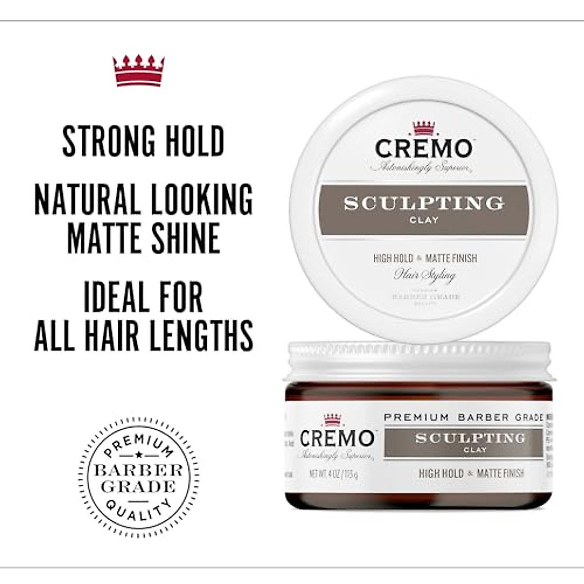 Cremo Mens Hair Clay, Premium Barber Grade Sculpting Clay for Hair Styling, High Hold, Matte Finish, 4 Oz