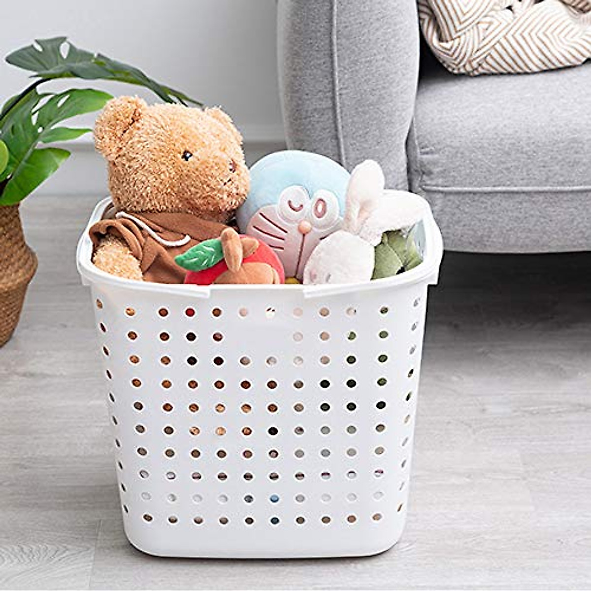 Large Breathable Hollow Laundry Hamper with Long Handles, 14.6 Inches Portable Plastic Clothes Hamper for Living Room Bathroom Laundry Storage (White, Round)