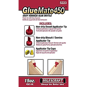 Milescraft 5223 Glue Mate 450-15oz. (450ml) Precision Wood Glue Bottle - Anti-Drip - Dowel and Biscuit Tips Included - Easy Flow Multi-Chamber Design - Ideal for Woodworking