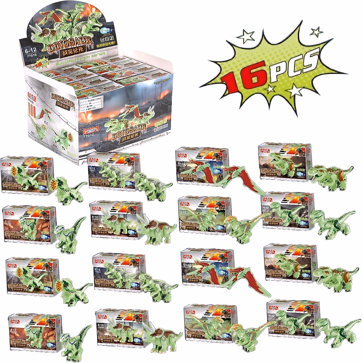 16 Pack: Compatible Dinosaurs Mini Figures for Jurassic World Building Blocks Toys, Glow in The Dark Toy Mini Figures, Bulk Party Favors for Kids Play