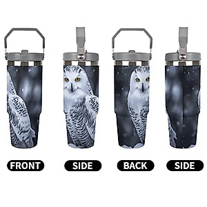 30oz Stainless Steel Insulated Tumbler with Flip Lid & Straw, Leakproof Travel Mug for Car, Arctic Owl Double Wall Vacuum Thermal Coffee Cup with Handle, Spill-Proof Design for Hot/Cold Drinks