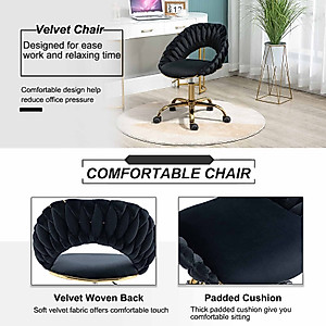 Goujxcy Modern Velvet Desk Chair, 360°Swivel Home Office Computer Task Chair with Woven Mid Back & Gold Legs, Cute Vanity Chair for Women Girls, Armchair for Living Room Bedroom,Black