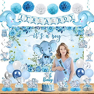 Vlipoeasn Elephant Baby Shower Decorations for Boy, Blue 42PCS Baby Shower Supplies, Mommy to Be Sash, It's a Boy Backdrop, Cake Topper, Cute Honeycomb, Hanging Swirl Flag, Baby Boy Shower Decor