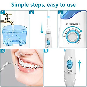 TUREWELL Water Dental Flosser for Teeth/Braces, Water Teeth Cleaner Pick 8 Jet Tips and 10 Pressure Levels, 600ML Large Water Tank Oral Irrigator for Family(White)