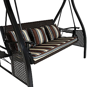 Sunnydaze 3-Seat Deluxe Outdoor Patio Swing with Heavy Duty Steel Frame and Canopy, Brown Stripe Cushions, 600-Pound Weight Capacity