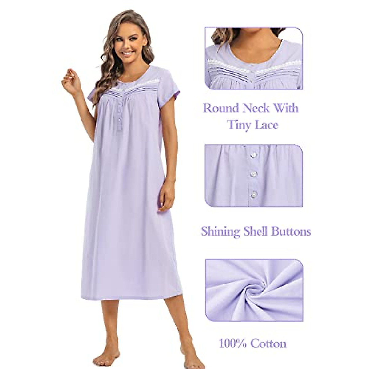 QRRLUEN Women's Nightgown Short Sleeve Cotton Mid Length Sleepwear Soft Comfy Button Loungewear Night Dress lilac colour
