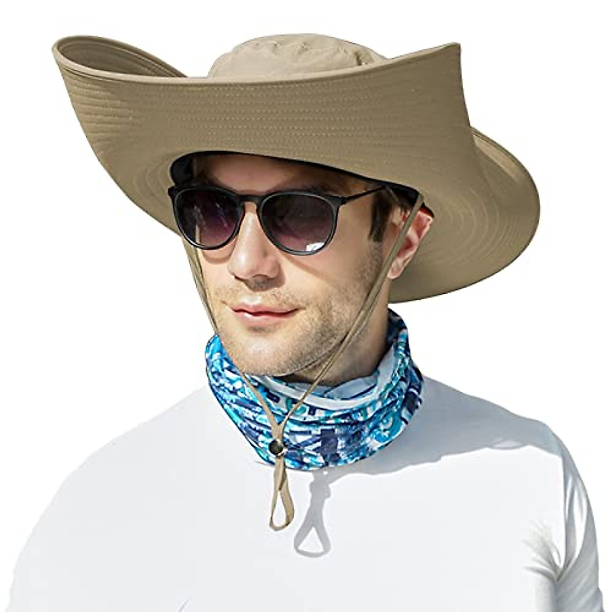 Muryobao Mens Sun Hat Summer Outdoor UPF50+ UV Protection Waterproof Wide Brim Bucket Hats Foldable Boonie Cap for Fishing Hiking Garden Beach Safari Beige