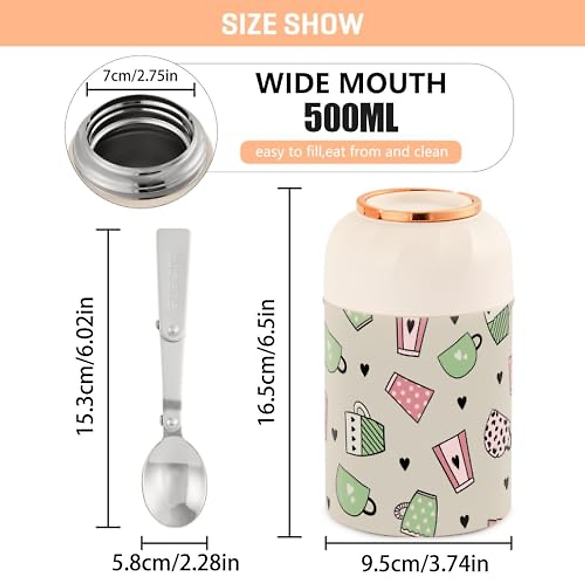 Coffee Cups with Green Pink Hearts on Gray Kids Womens Insulated Food Jar Containers with Spoon 17oz/500ml Food Jar Insulated Stainless Steel Vacuum Food Warmer Thermal Lunch for Insulated Hot Food