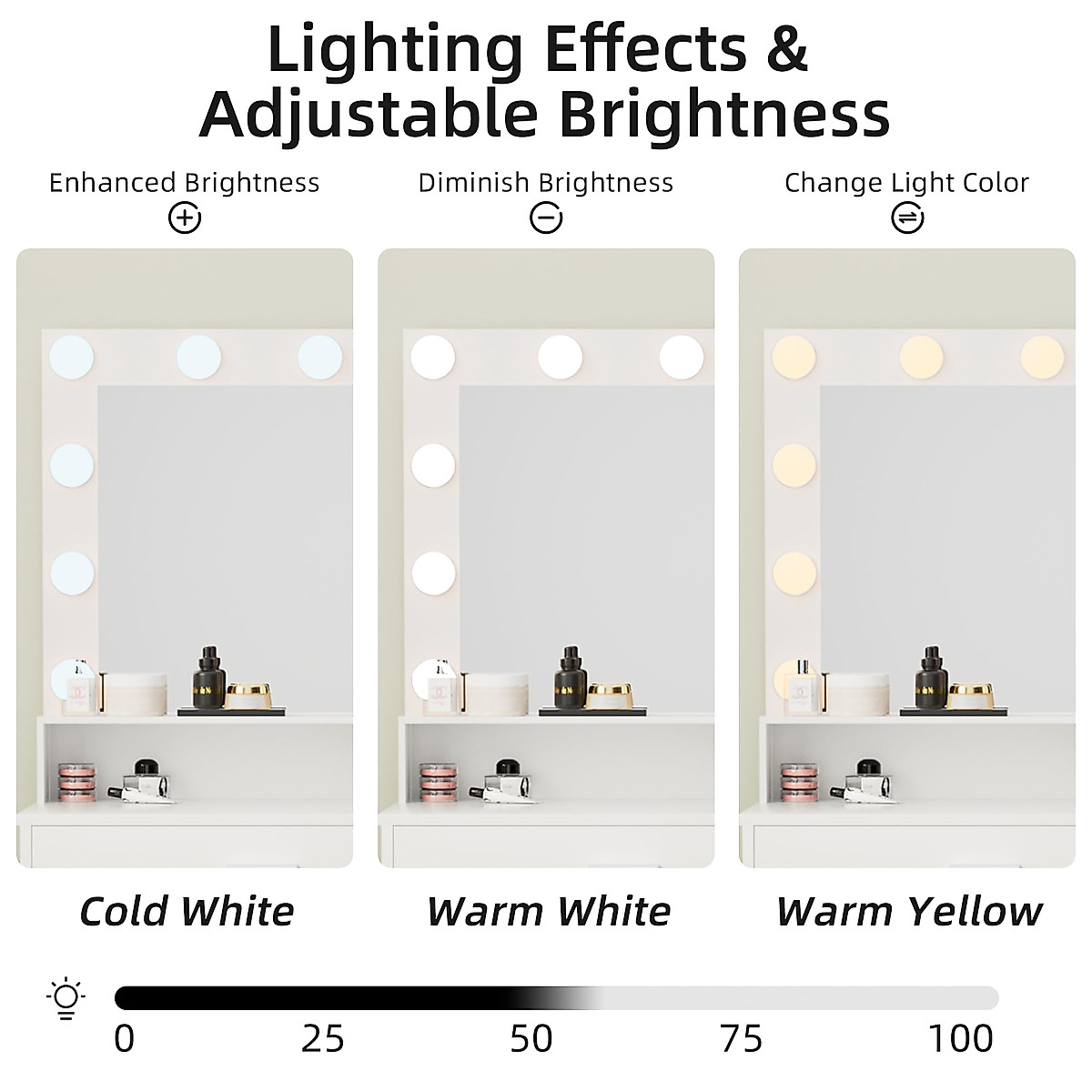 JUMMICO 39.3'' Vanity Desk with LED Lighted Mirror &Power Outlet, Makeup Vanity Table with 4 Large Drawers and 3 Storage Shelves, 3 Model Adjustable Lights for Bedroom & Dressing Room (White)