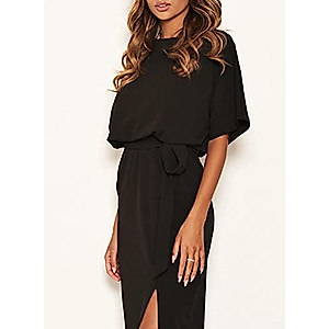 Happy Sailed Womens Batwing Sleeve Tie Waist Long Maxi Dress Side Split Formal Party Dresses Evening Gown Black X-Large