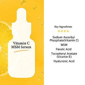 Vitamin C Facial Serum with MSM - for Fades Age Spots, Smoothing Fine Lines + Dark Spots, Pore Refining, Resurfacing, 1 Fl Oz (30ml)