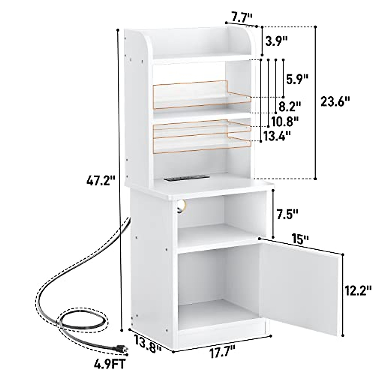 White Nightstand with Charging Station and USB Ports, 47" Tall Bedside Table with Adjustable Bookshelf, Industrial End Table Side Table with Storage Cabinet for Home Office, White