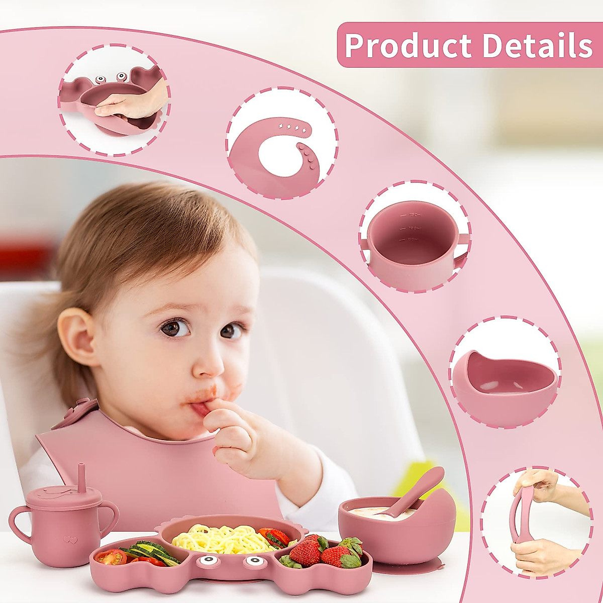 Puxdiauk Silicone Baby Feeding Set, 6 Pcs Baby Led Weaning Supplies with Rabbit Suction Plates, Toddler Bowls Forks and Spoons Bib Cup, Sturdy and NO-BPA for Kid, Blue