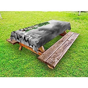 Lunarable Peace Outdoor Tablecloth, Basalt Stones Pile and Green Tree Moody Stormy Dramatic Sky Asia Balance Therapy Theme, Decorative Washable Picnic Table Cloth, 58" X 120", Grey Green
