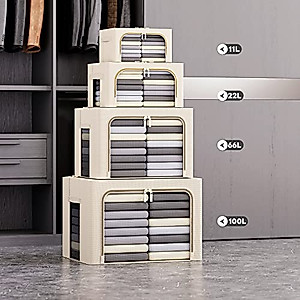 4 Pack Clothes Storage Bins - Large Foldable Container Box for Shelves Nursery Toys Stackable Fabric Storage Box Organizer Set with Clean Window and Handles (66L, Beige)